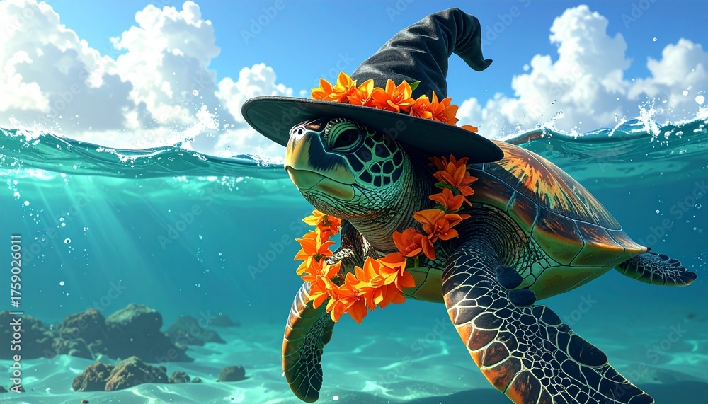 Festive Hawaiian green sea turtle swimming in a wave wearing a witch ...