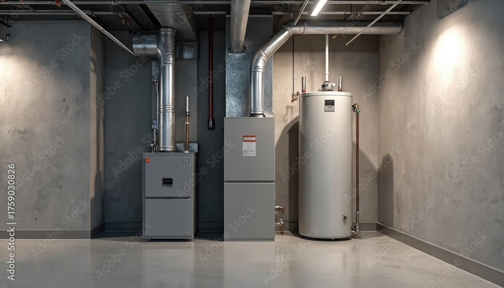 Basement utility room features gas furnace and water heater. Ducts and ...