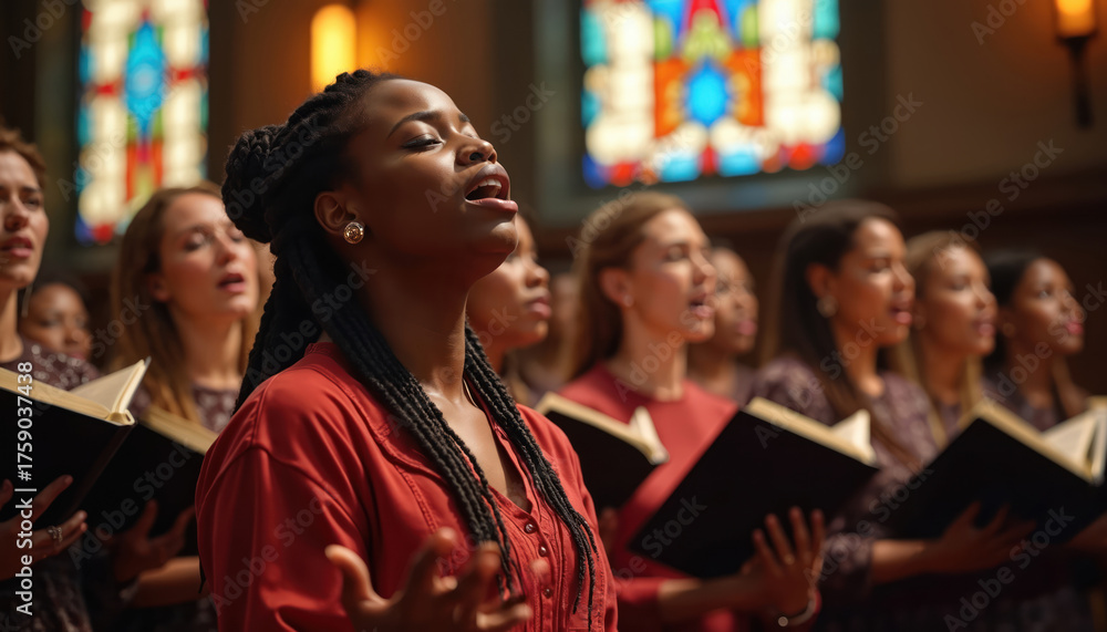 Young black woman with braids sings in church choir. Female gospel ...