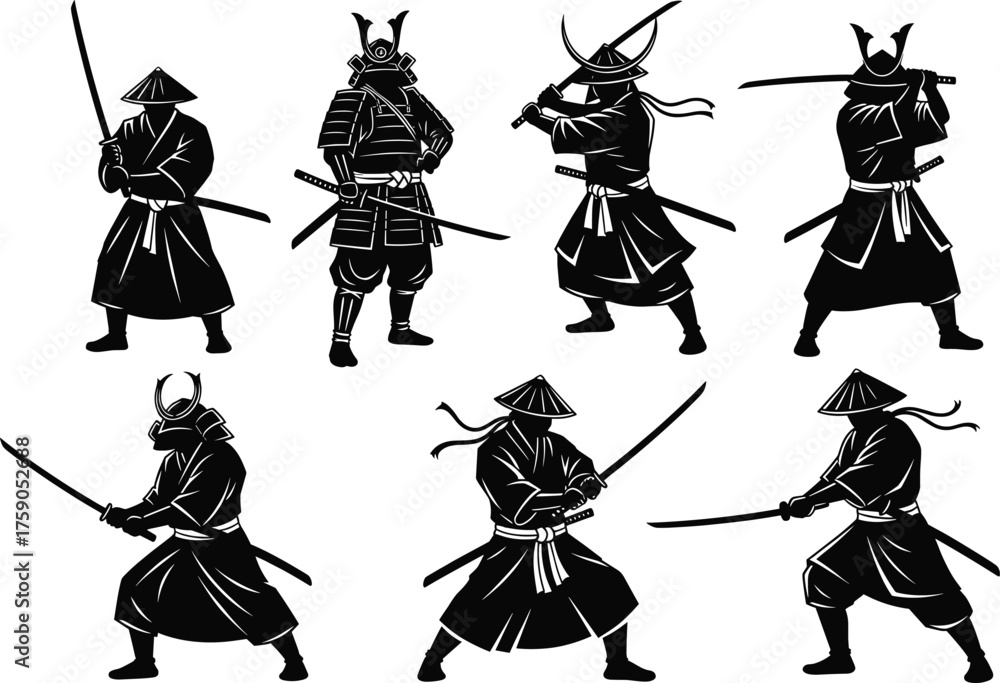 Samurai warrior vector illustration, katana sword poses, traditional ...