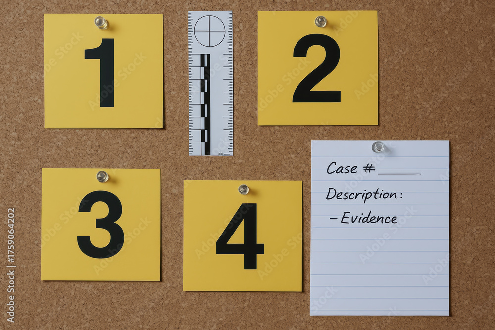 Zdjęcie bez tantiem: Crime scene evidence board with numbered markers 1 ...
