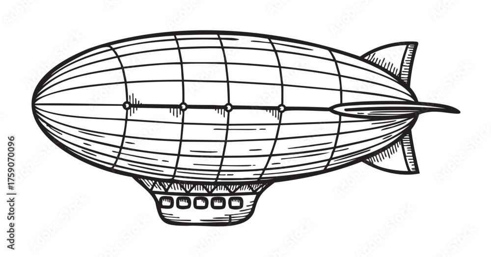 Vector de Stock Hand-drawn black outline of a vintage dirigible with a ...