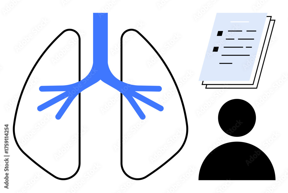 Lungs with simplified airway anatomy, clipboard papers, and human ...