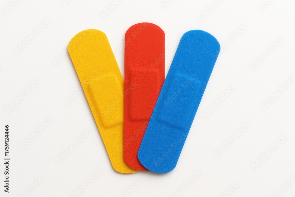 Top view three bright solid color strip bandages fanned like a hand of ...