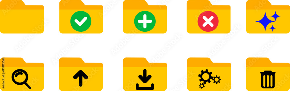 set of digital folder icons, actions such as adding, downloading, and ...