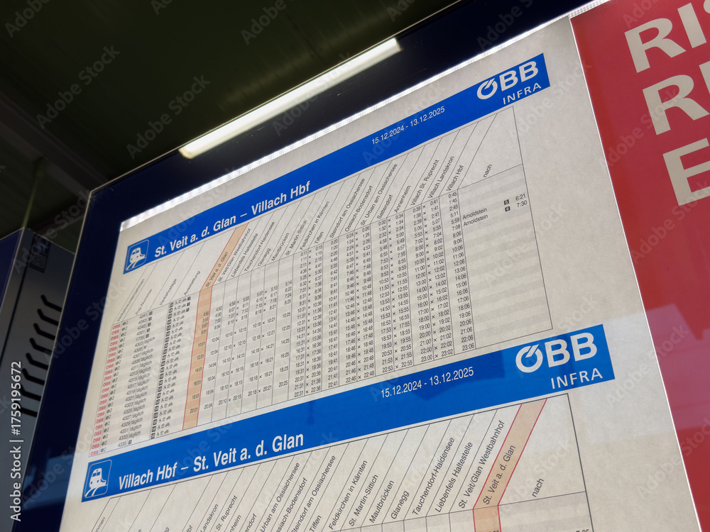 Althofen, Austria - September 17, 2025: Train schedule display board ...