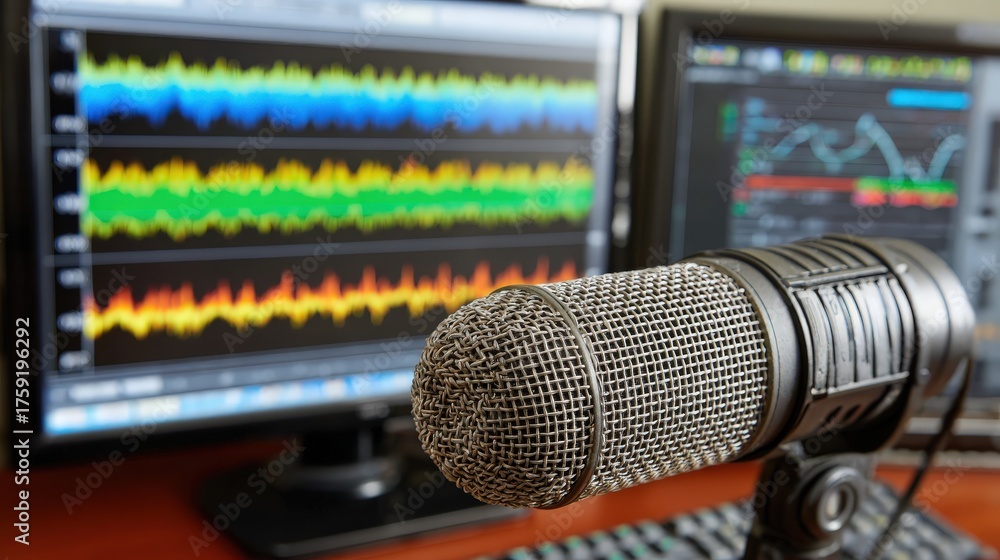 microphone and monitors display audio waveforms and graphs. Stock Photo ...