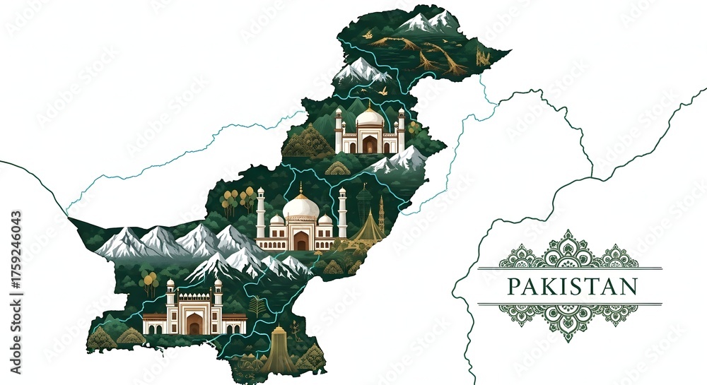 Artistic map of Pakistan showcasing iconic landmarks, cultural ...