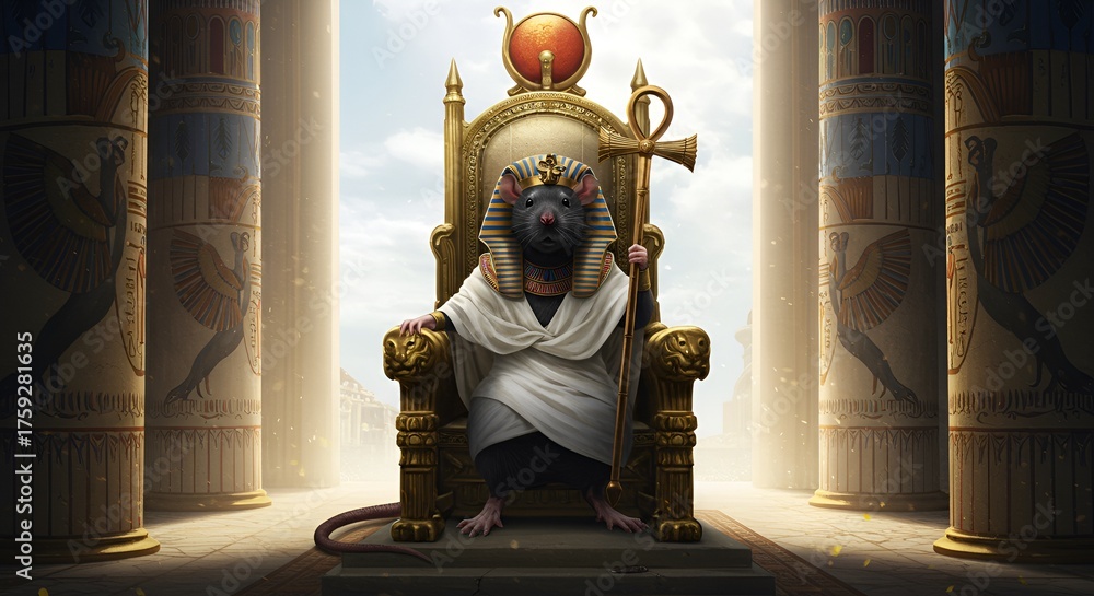 Anthropomorphic rat pharaoh majestically sits upon a golden throne ...