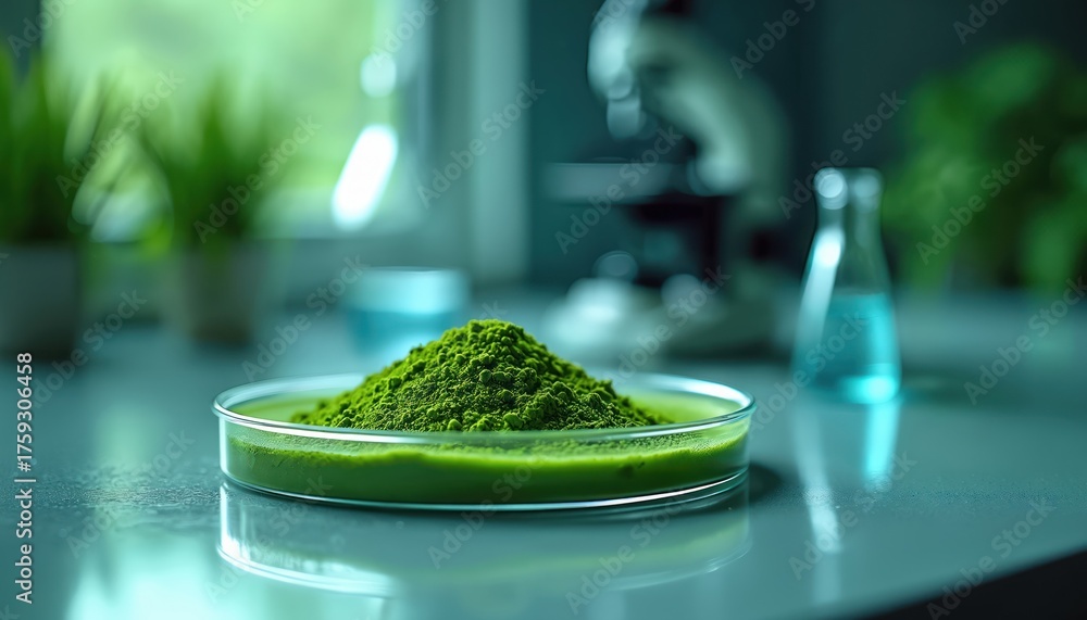 Green powder sample rests in petri dish with liquid in modern lab ...