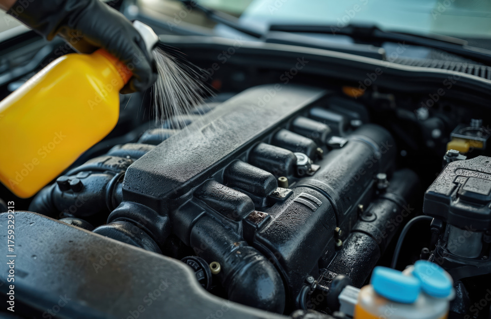 Gloved hand sprays car engine with cleaner fluid. Yellow bottle sprays ...
