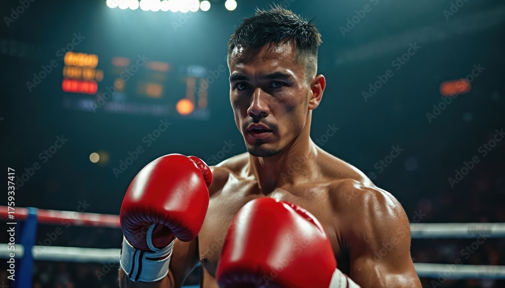 Fighter with red gloves stands ready in boxing ring. Man shows intense ...
