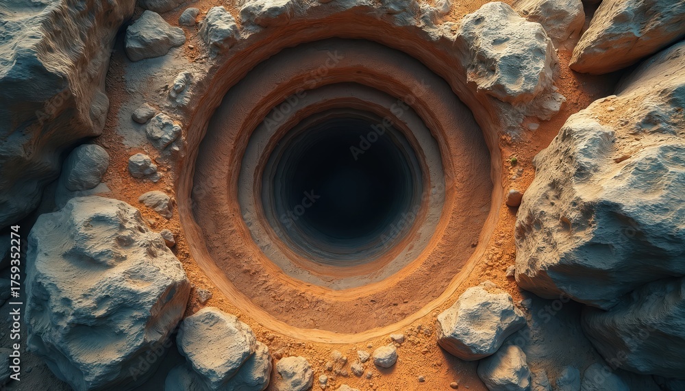 Top view into circular cave tunnel with layered earth walls ...