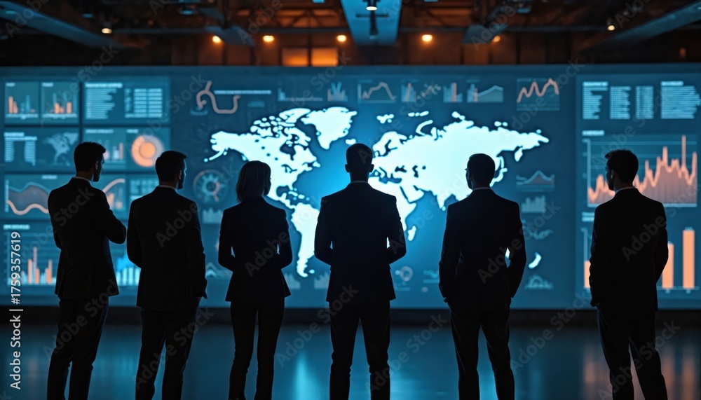 Group of people in suits watch world map and charts on large digital ...