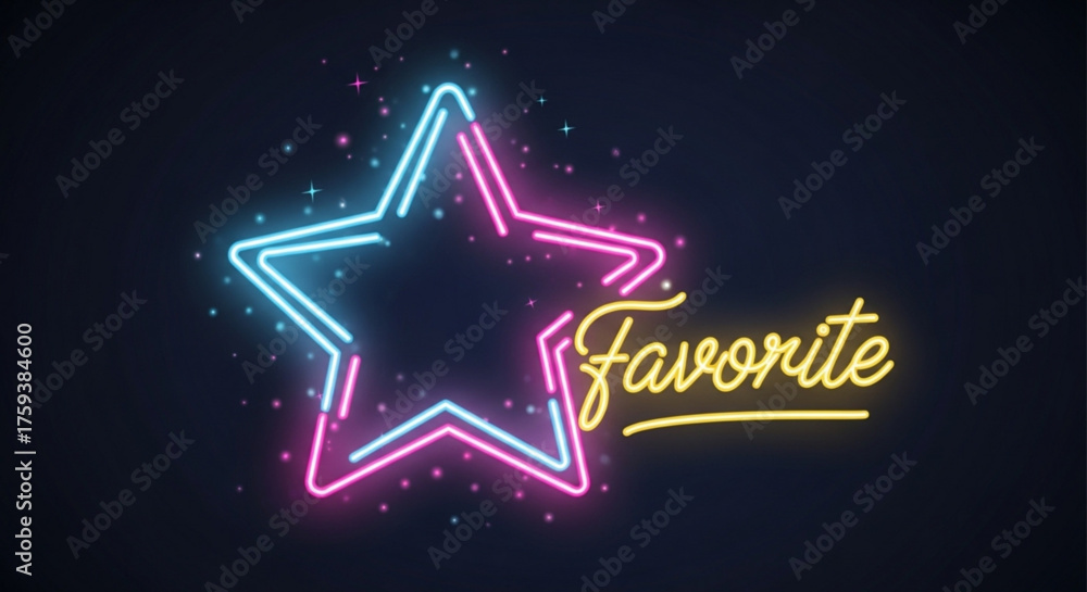 Neon star with the word favorite glowing in yellow and pink on a dark ...