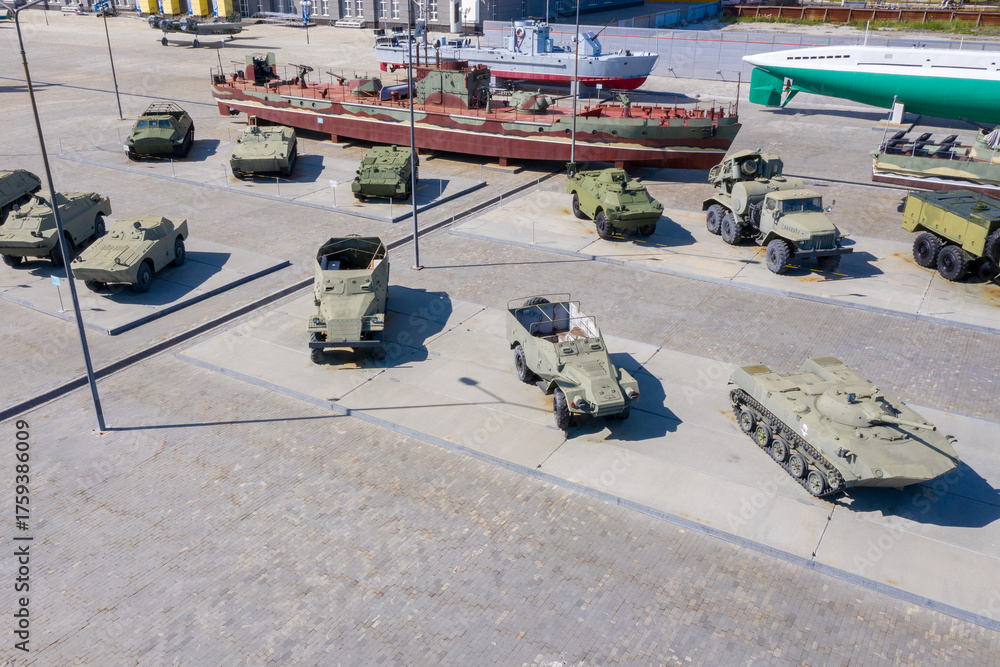 Top view of the military base. Tanks, self-propelled howitzers, rocket ...