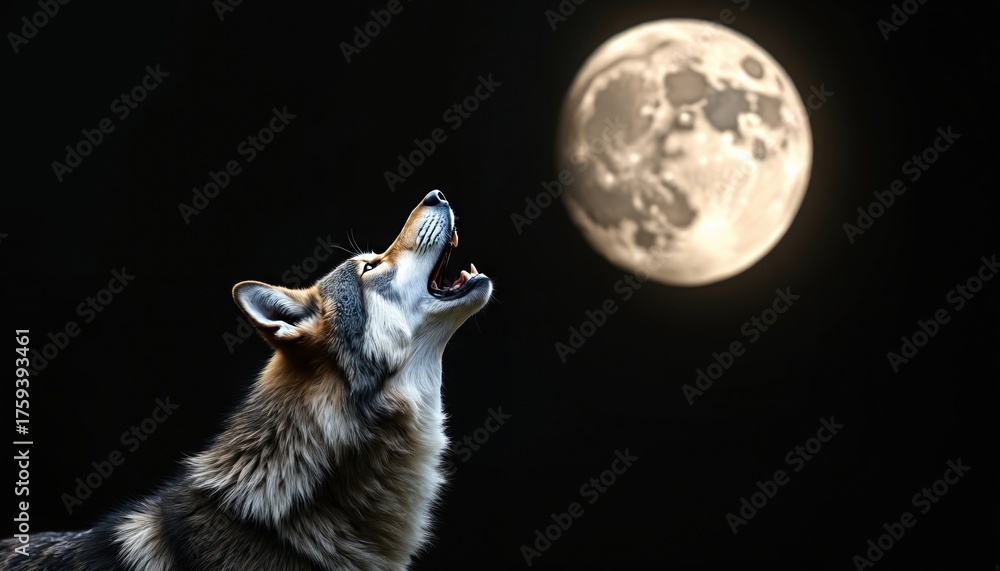Fotografie Wolf howls at full moon. Animal cries out with open mouth in ...