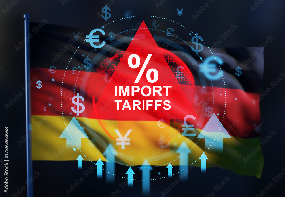 Ilustrace Concept of import tariffs represented with currency symbols ...