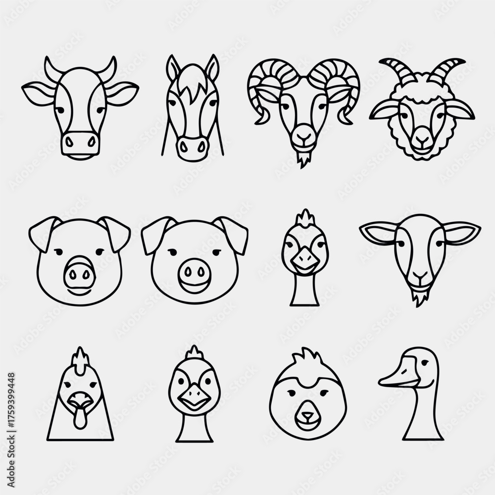 Collection of hand drawn farm animal heads including cow horse sheep ...