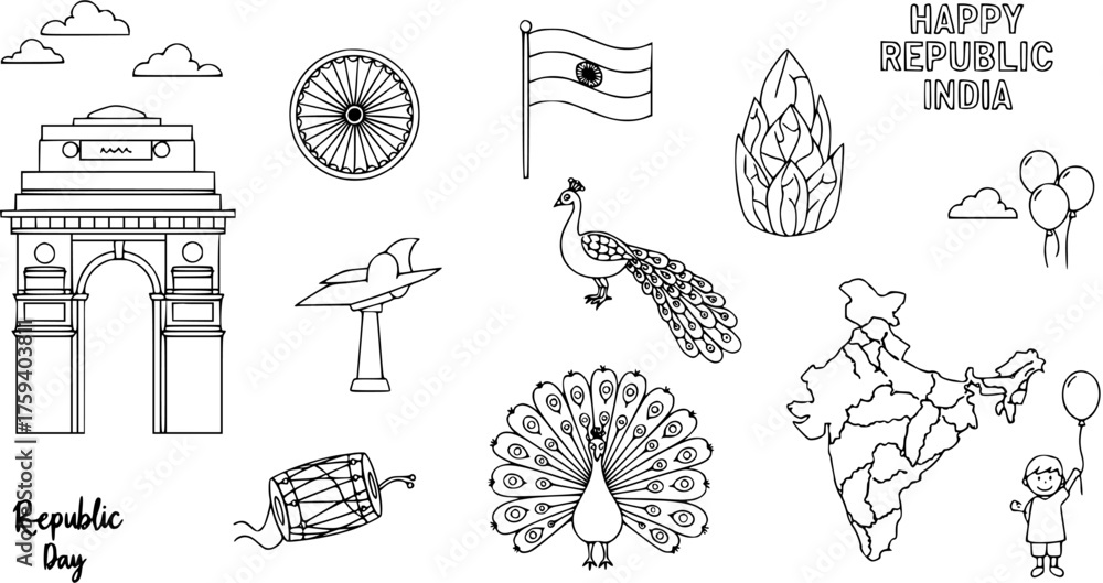 Republic Day India Outline Icons: National Symbols, Monuments, Map ...