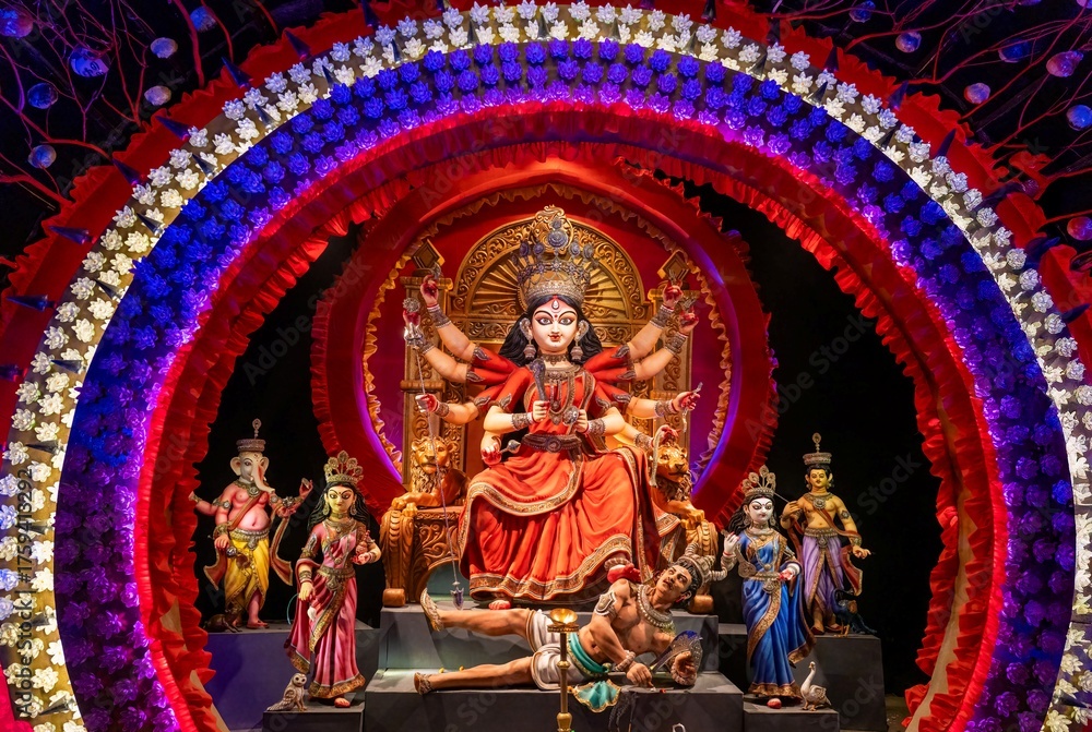 Idol of Goddess Devi Durga at a decorated puja pandal in Durga Puja is ...