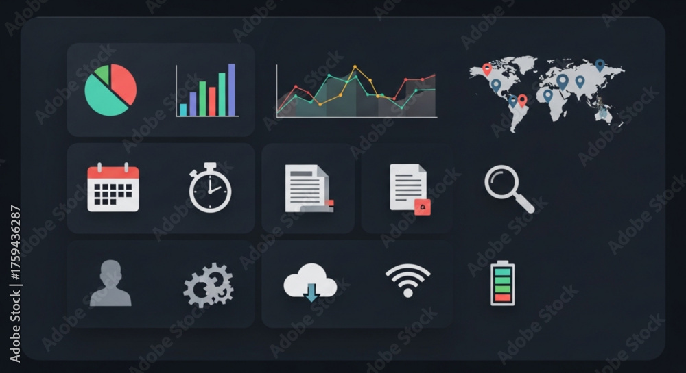 Dashboard ui design with data charts world map and settings icons for ...