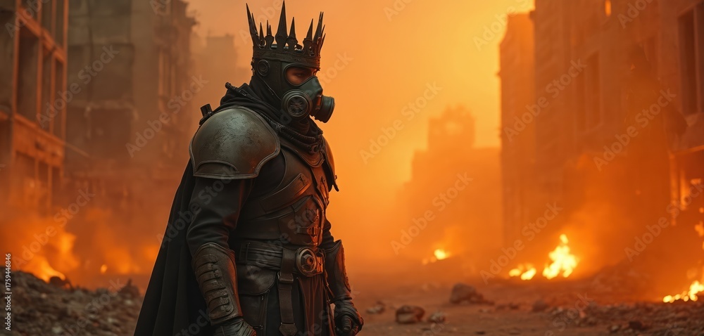 Man in armor wears gas mask and crown. Warrior stands amid burning city ...