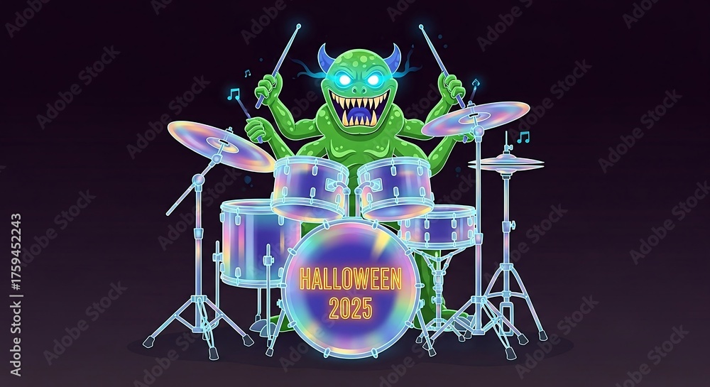 halloween monster drummer playing drums with four arms a spooky concert ...