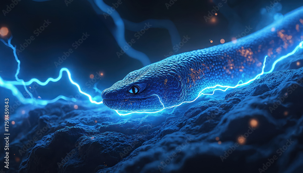 Glowing blue snake crawls on rock. Electric discharges flow around the ...