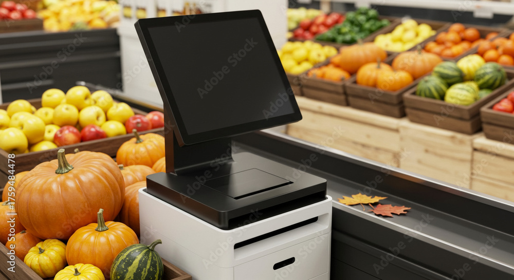 Modern checkout terminal at supermarket with autumn produce display ...