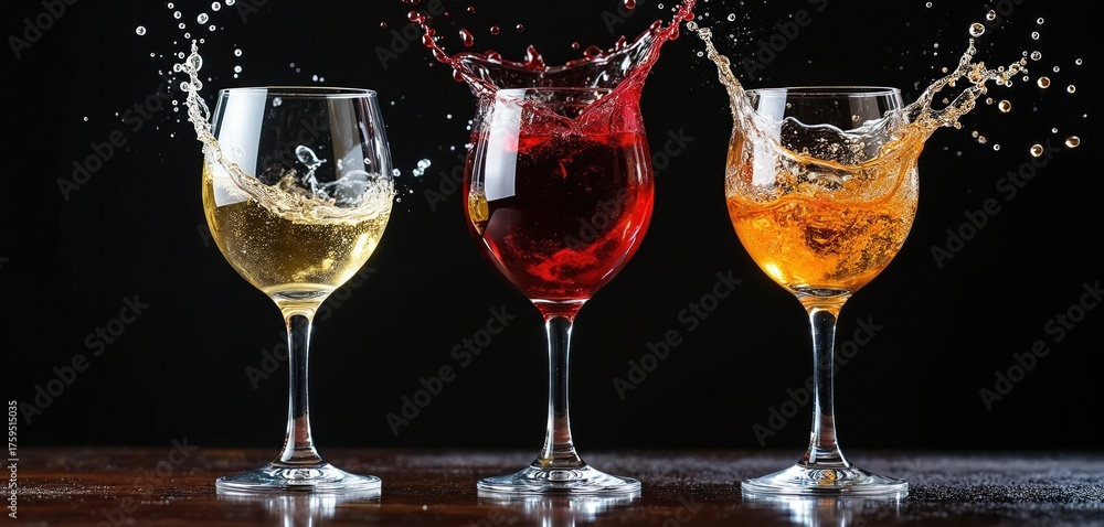 Three glasses with red white and rose wine liquid splash on dark. Wine ...