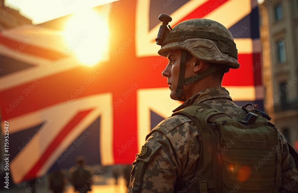 Stock-Foto „UK soldier stands with UK flag. British armed forces member ...