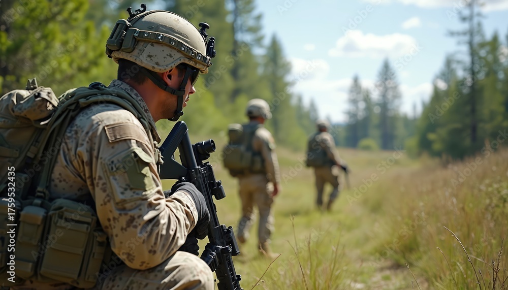 Soldiers patrol on field with forest. Armed military squad walk on ...