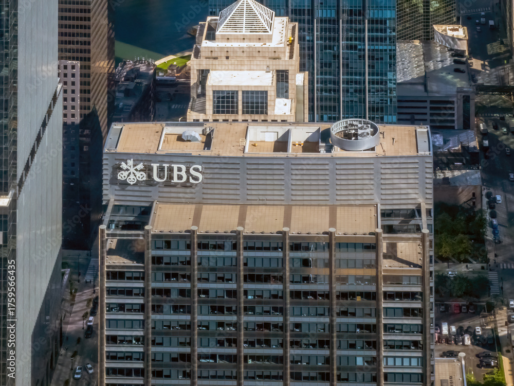Chicago, Illinois, USA. Oct 17, 2025. An aerial shot captures the UBS ...