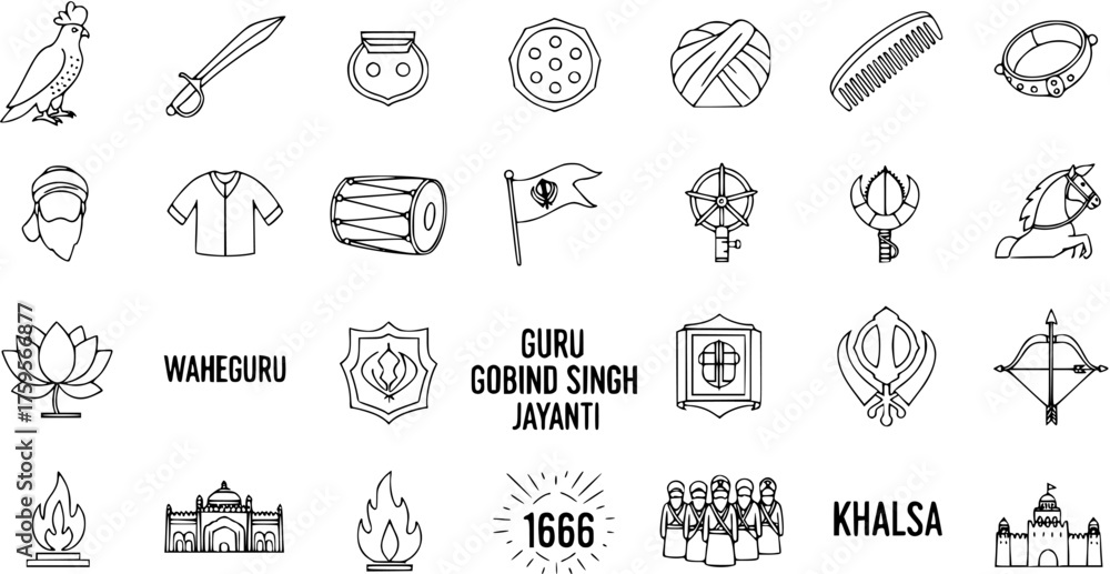 Collection of Sikhism Line Art Icons. Featuring Key Religious Symbols ...