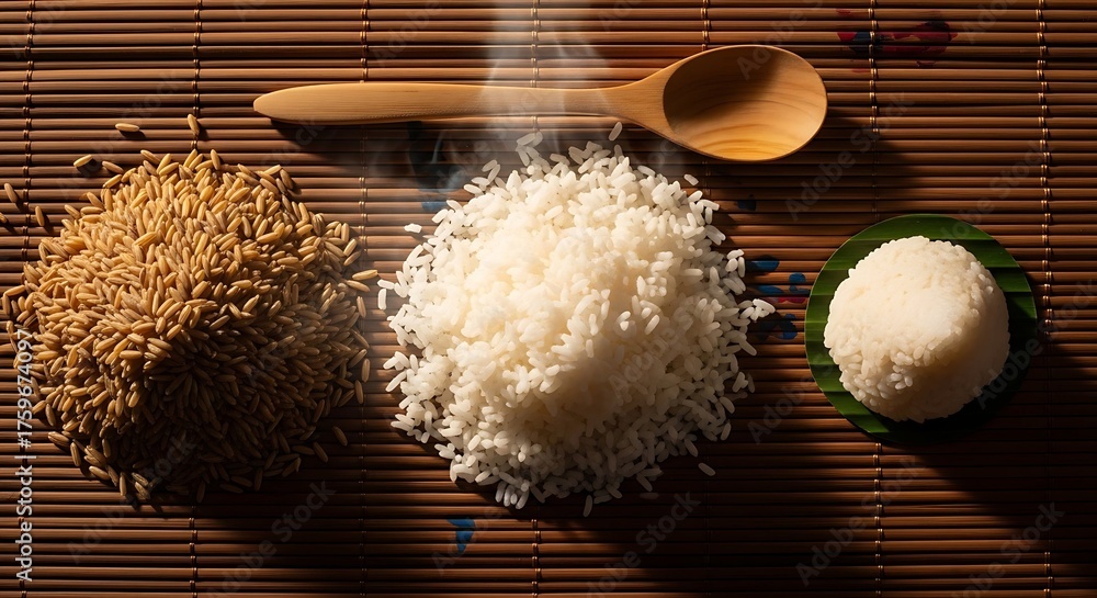 The transformation of rice: husked brown rice, steamed white rice, and ...