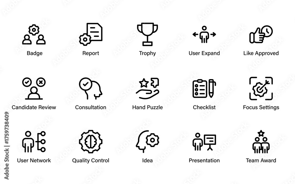Human resources and candidate review icons. Premium badge symbols for ...