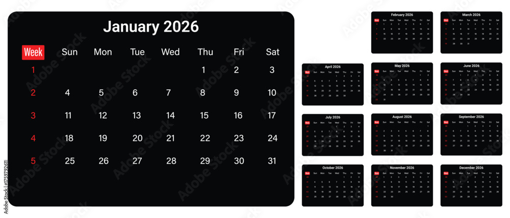 Calendar 2026 with week number. Simple black calendar of year 2026 ...