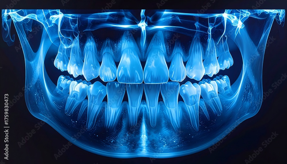 Dental X-ray scan showing upper and lower teeth, jawbone, and roots ...