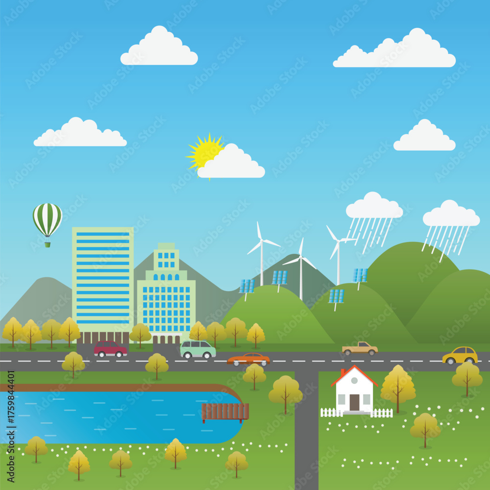 Stock-Vektorgrafik „Flat landscape with interconnected ecosystem ...