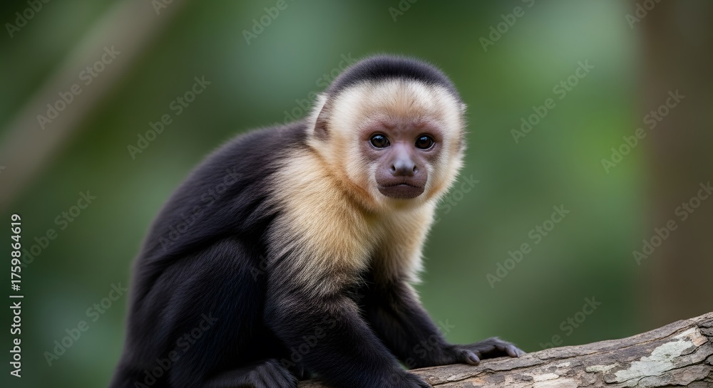 Foto de Stock White faced capuchin monkey on a tree branch Black and ...