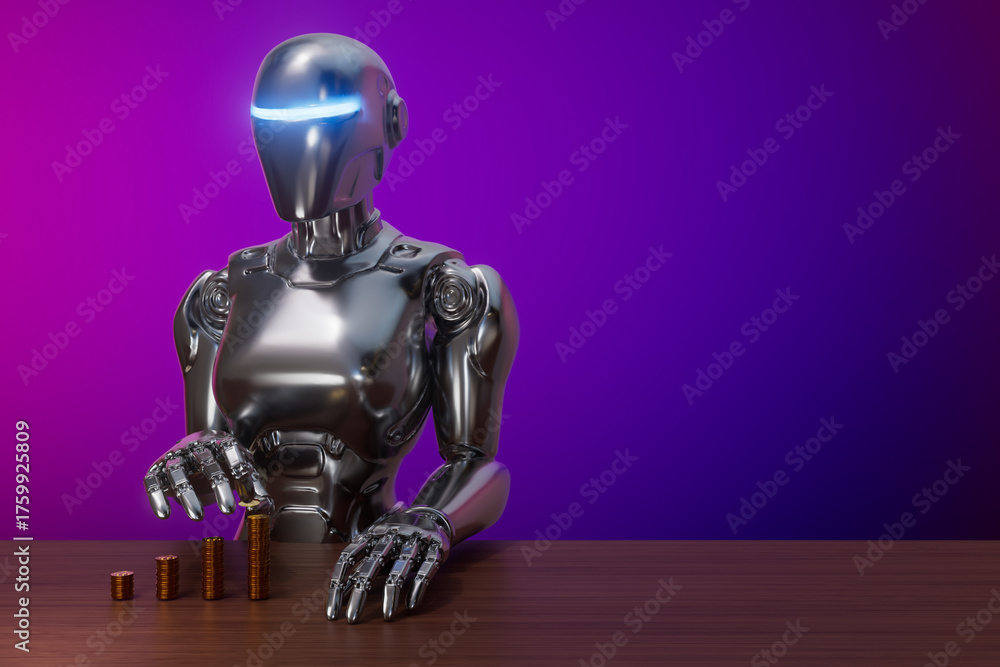 Artificial intelligence robot calculating dollar coins in a futuristic ...