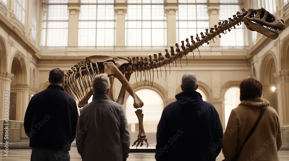 Visitors at museum admire the huge dinosaur skeleton, a relic from ...