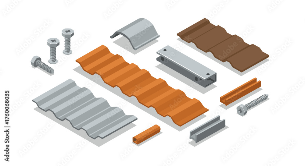 Isometric roof sheet components and fasteners for construction projects ...