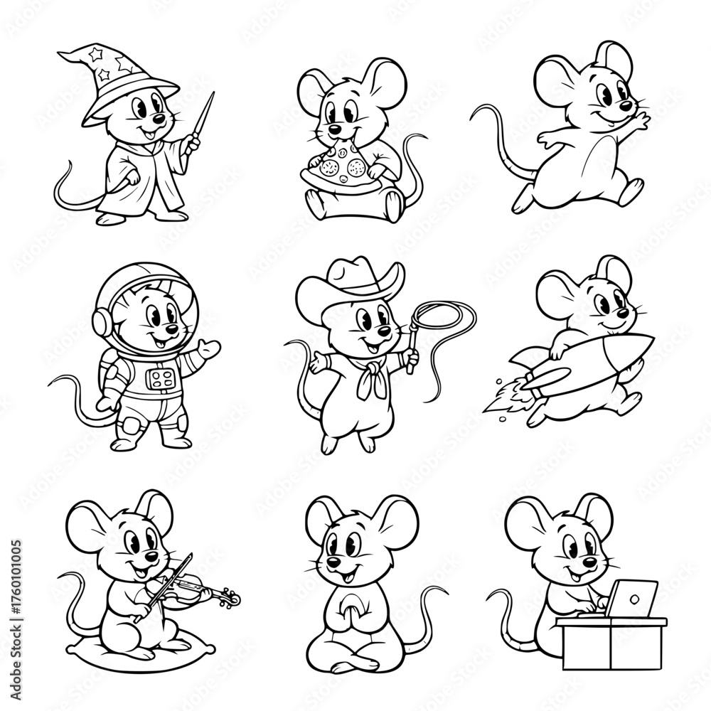 A black and white vector set of nine cute cartoon mice dressed in ...
