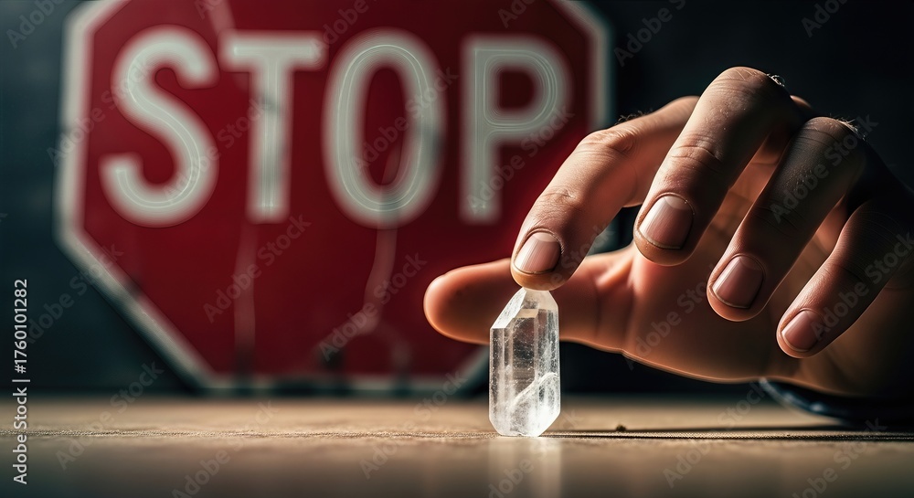 Hand reaching towards a meth crystal with a strong red warning sign ...
