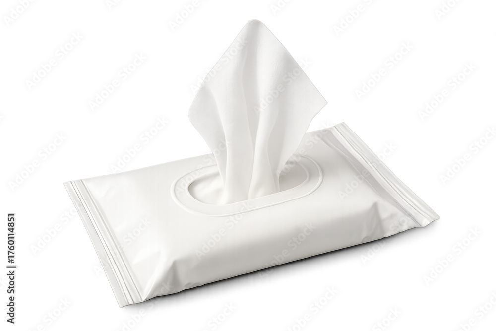 White wet wipes pack with a single wipe dispensing, showing hygiene ...