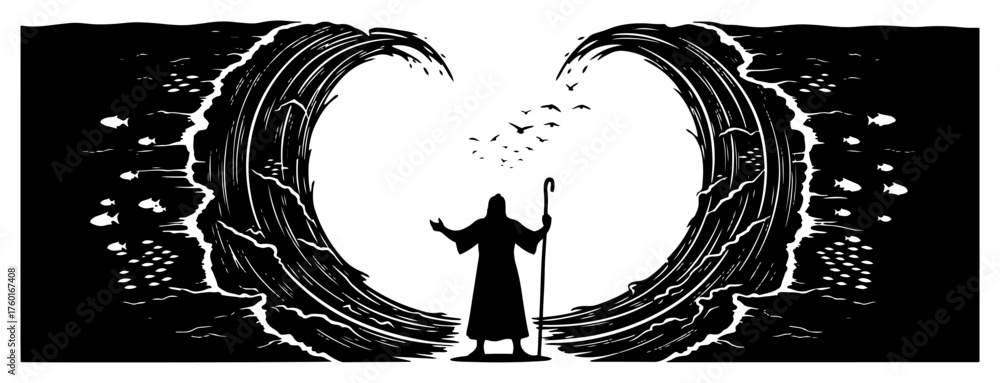 Moses parting the Red Sea silhouette. Biblical story of Exodus vector ...