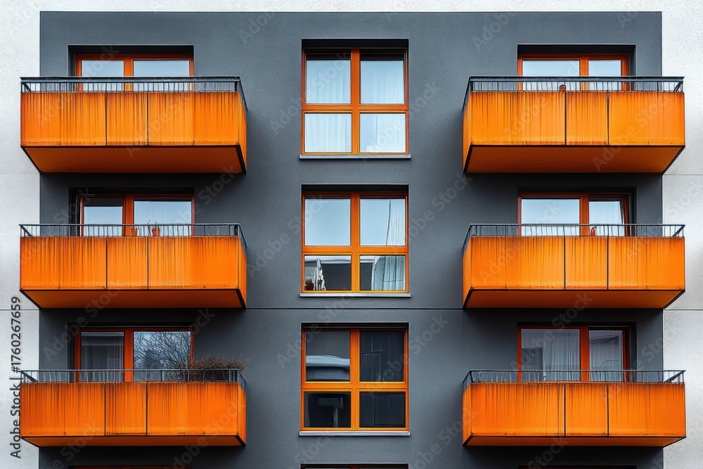 Modern apartment building facade with six bright orange balconies and ...