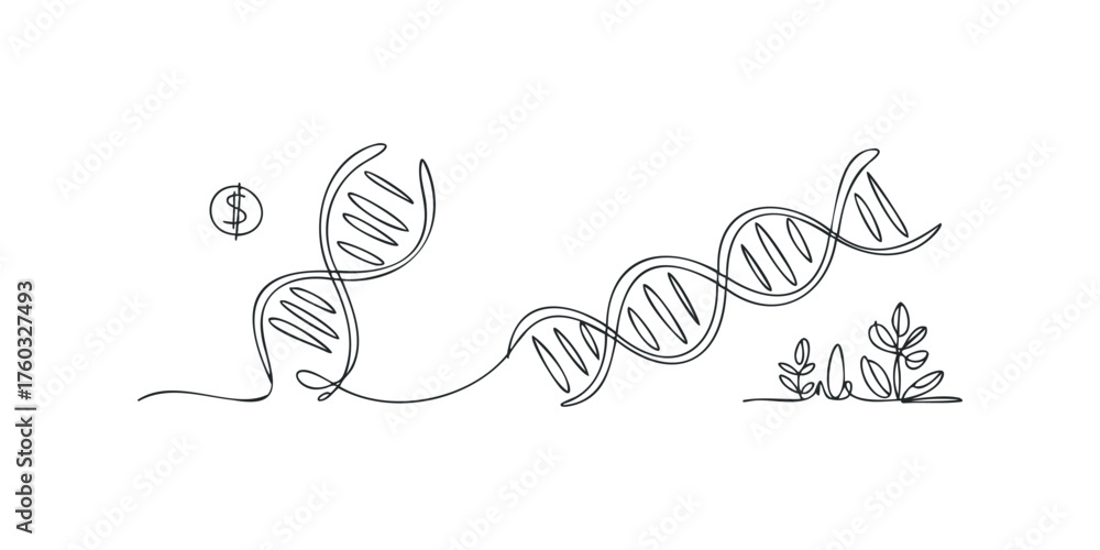 Continuous line drawing of DNA strand with dollar sign and plant sprout ...